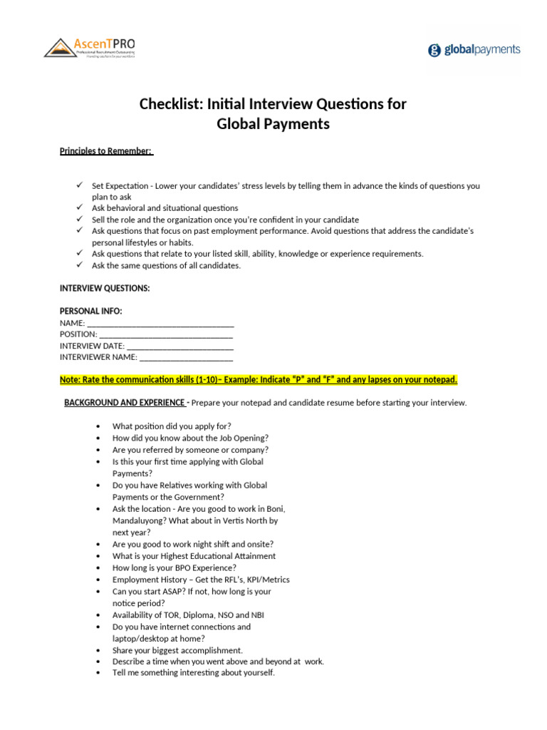 Global Payments Interview Question Checklist | PDF