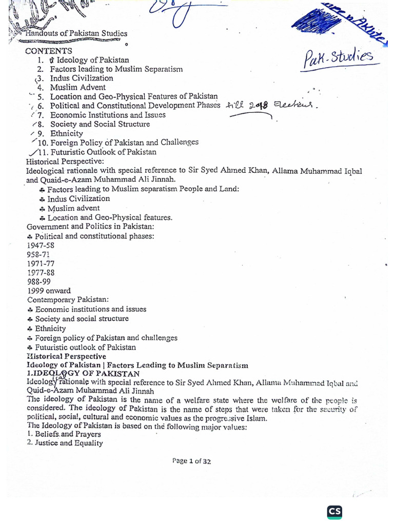 Pakistan Study Notes (Maam Yasmeen Akhter) | PDF
