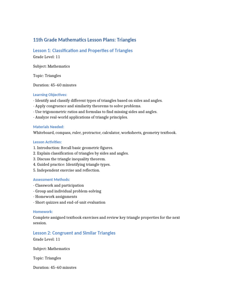 11th Grade Mathematics Triangles Lesson Plans | PDF | Trigonometric Functions | Triangle