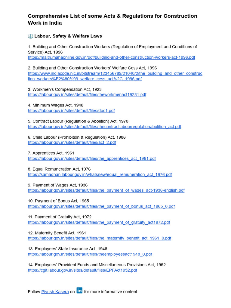Construction Laws and Regulations in India | PDF | Employment | Labour Law