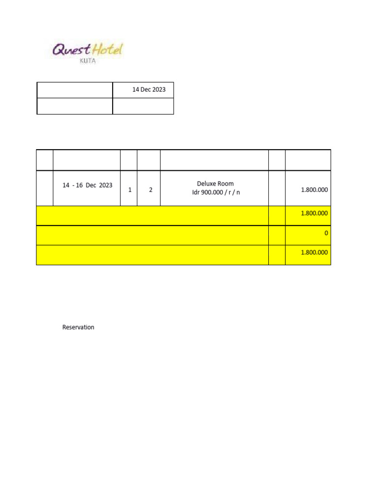 Invoice - Quest Hotel (14 - 16 Desember 2023) | PDF