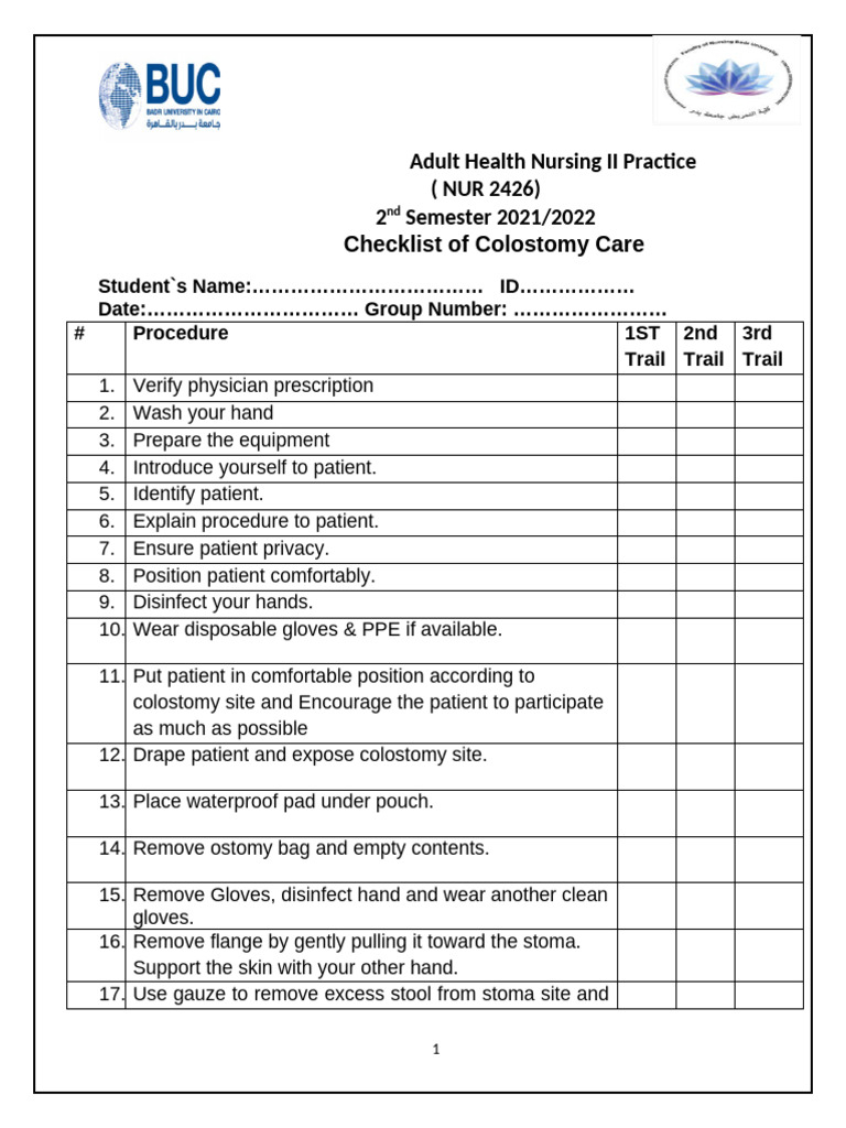 Colostomy Care Checklist for Nurses | PDF