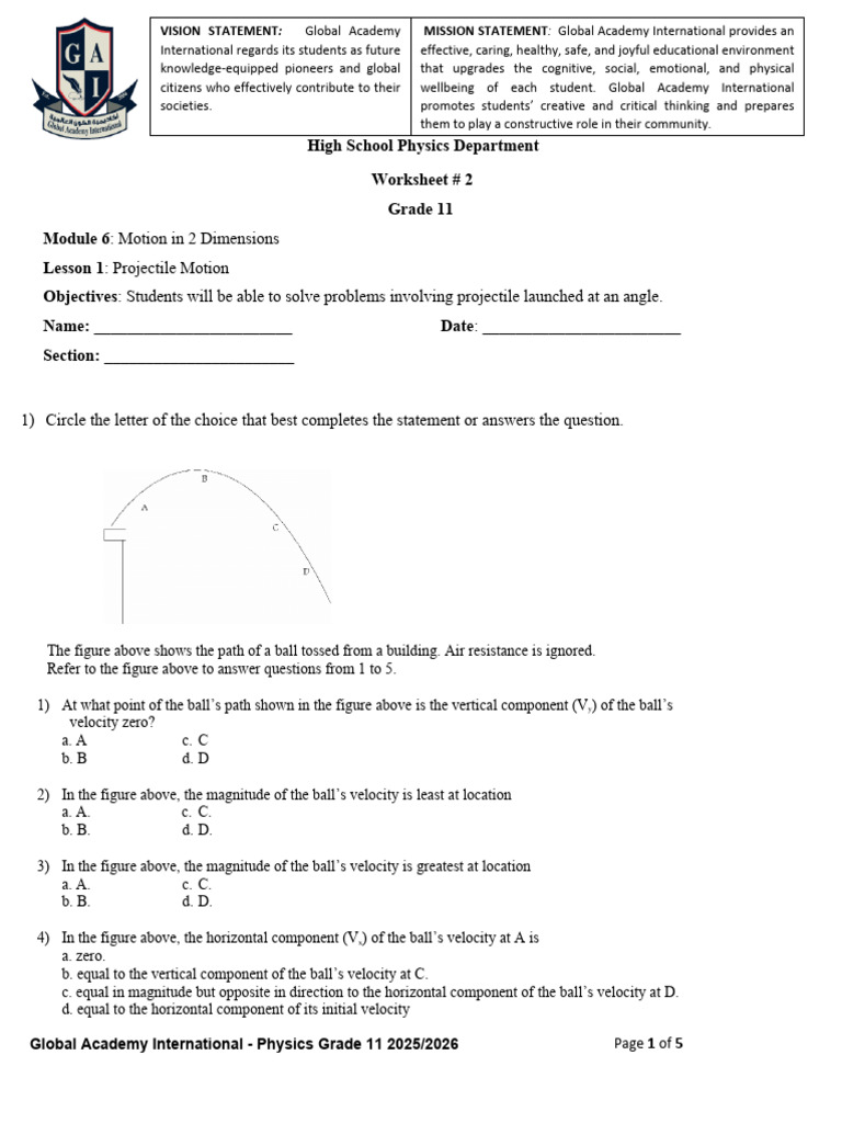 Worksheet Projectile Launched at Angle | PDF | Projectiles | Velocity
