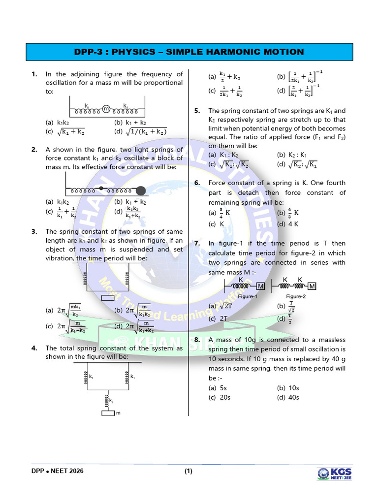 Dpp-3: Physics - Simple Harmonic Motion | PDF | Oscillation | Force