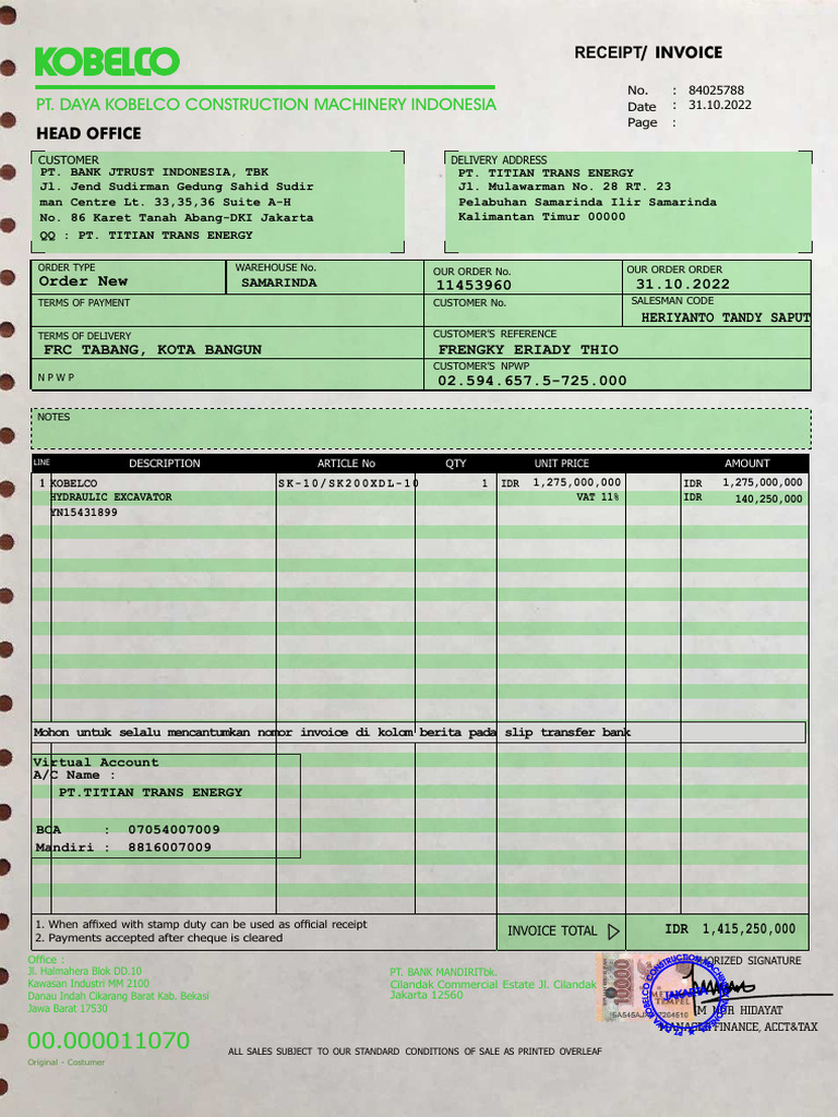 Invoice for Kobelco Excavator Purchase | PDF | Receipt | Payments