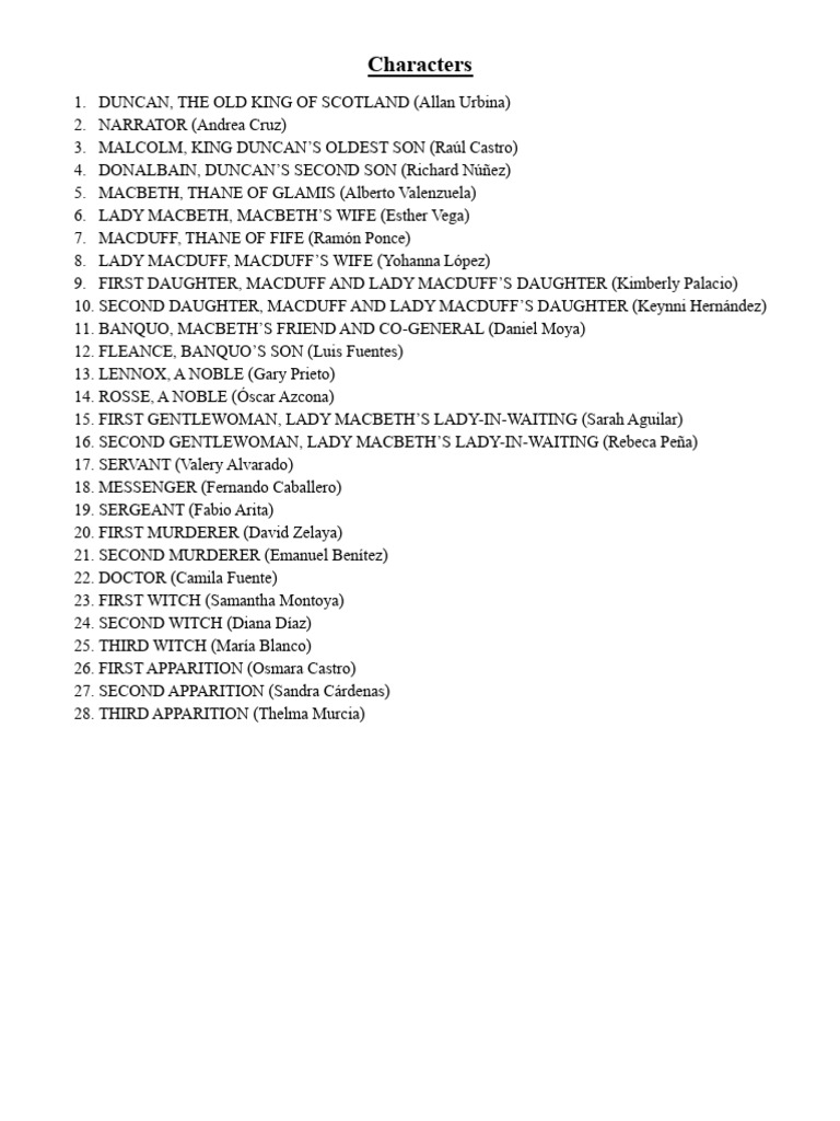 Characters For The Tragedy of Macbeth | PDF