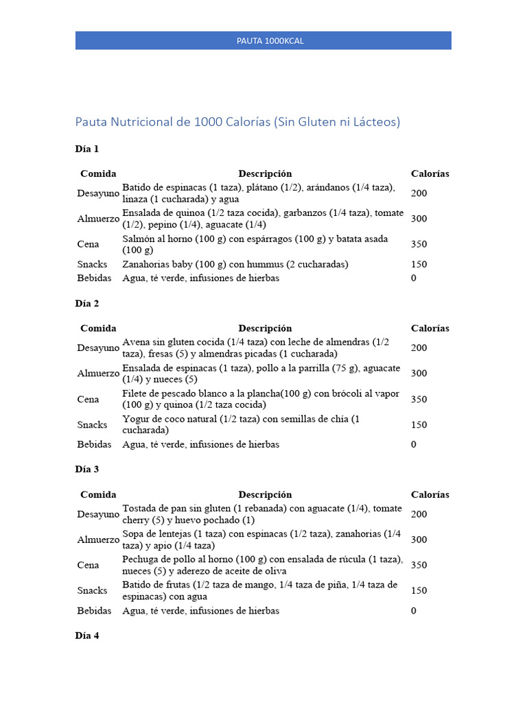 Pauta 1000 Kcal Plan Choque | PDF | ensalada | Almuerzo