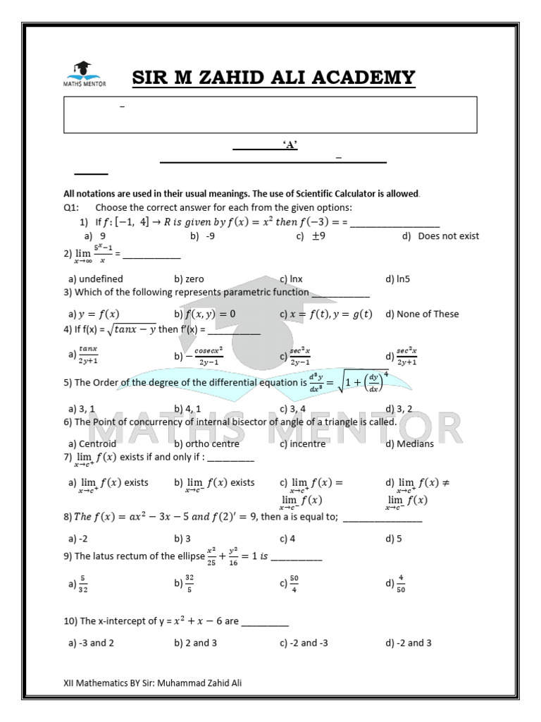 XII Mathematics Final Paper 2025 by Sir Muhammad Zahid Ali | PDF ...