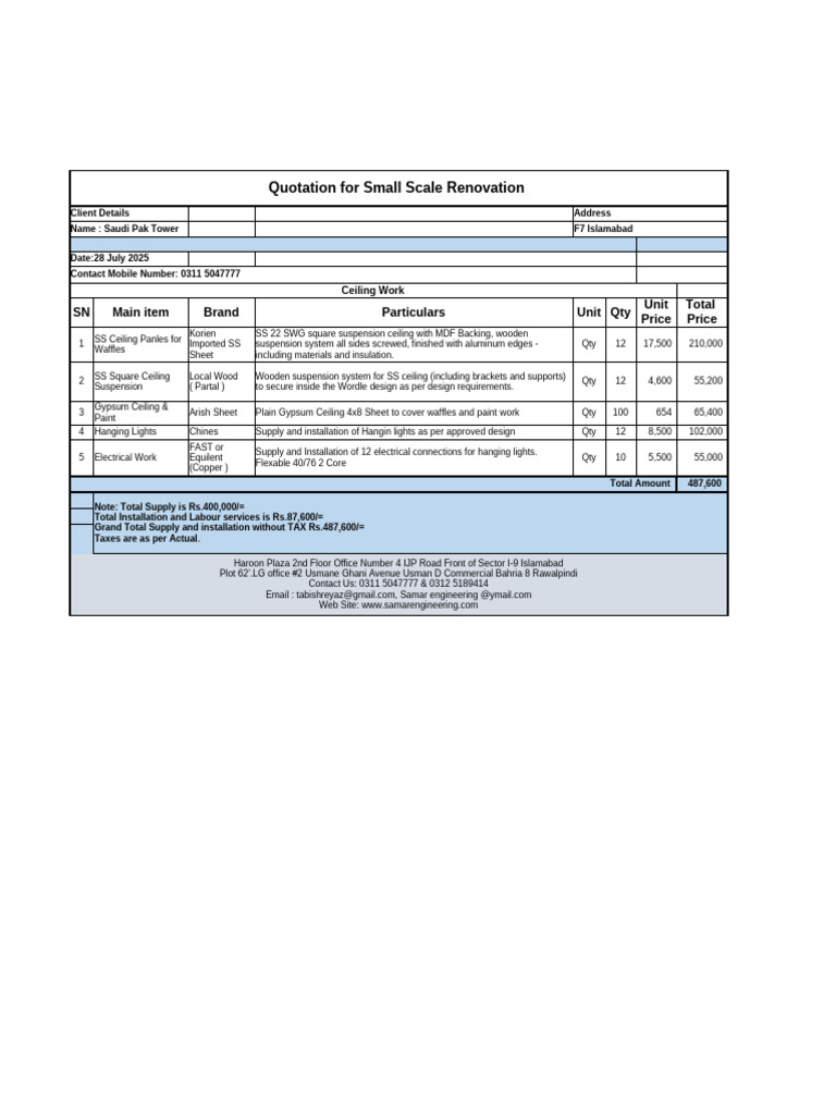 BOQ of Ceiling Light SES | PDF | Building Materials | Building Engineering