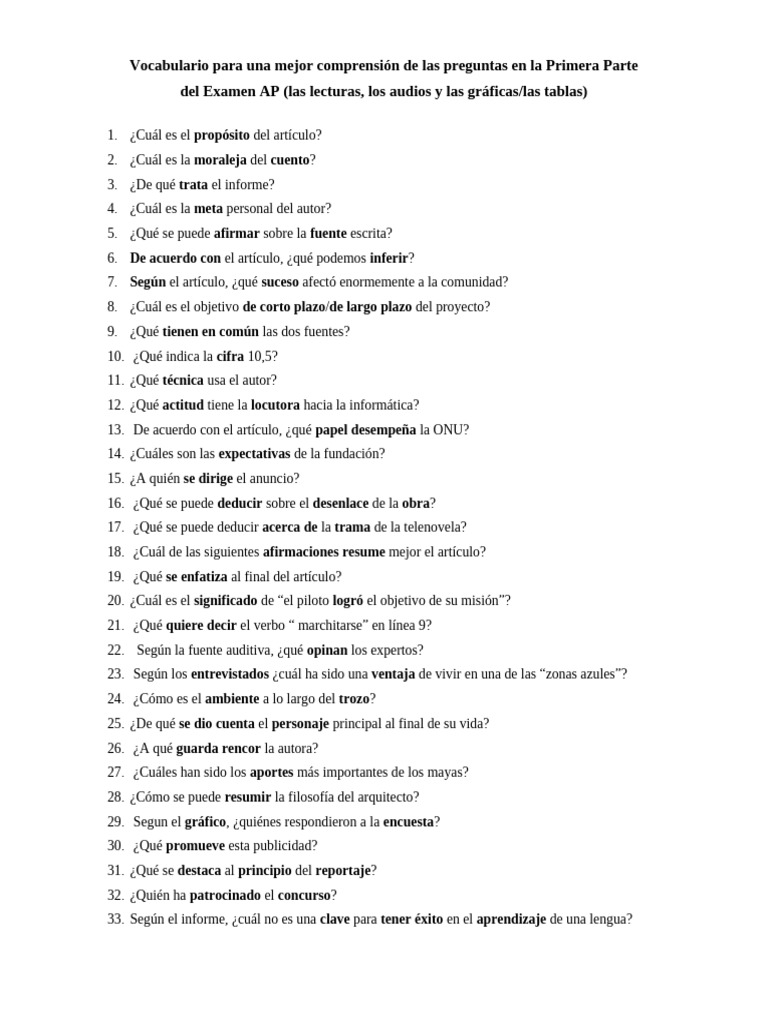 Vocab para Examen AP - Primera Parte | PDF