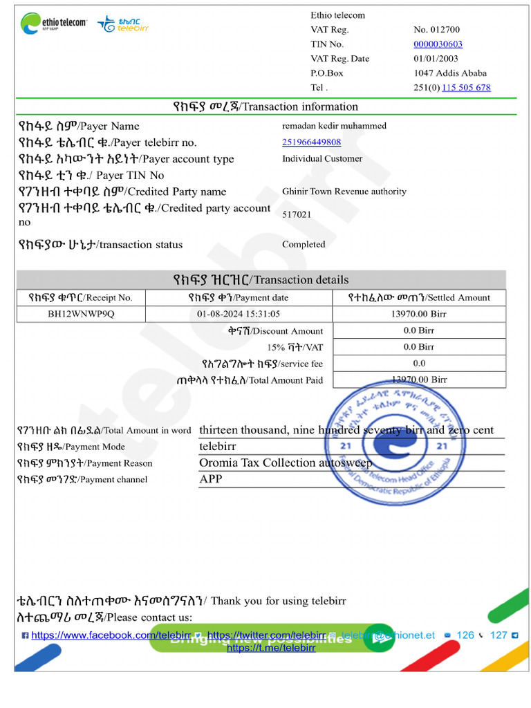 Telebirr - Oromia Tax Collection Autosweep | PDF