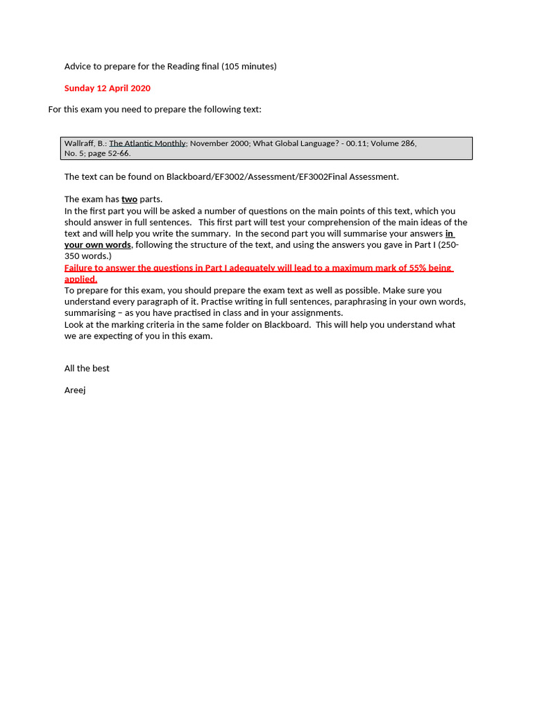 Advice For The Reading Final Assessment | PDF