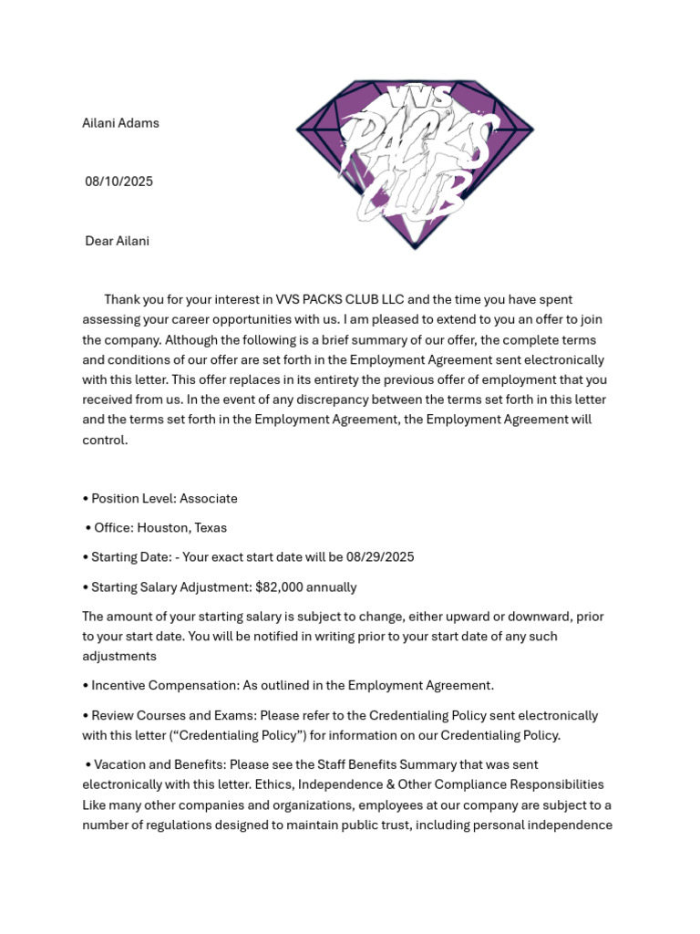 Ailani Adams Issued Offer Letter | PDF | Business