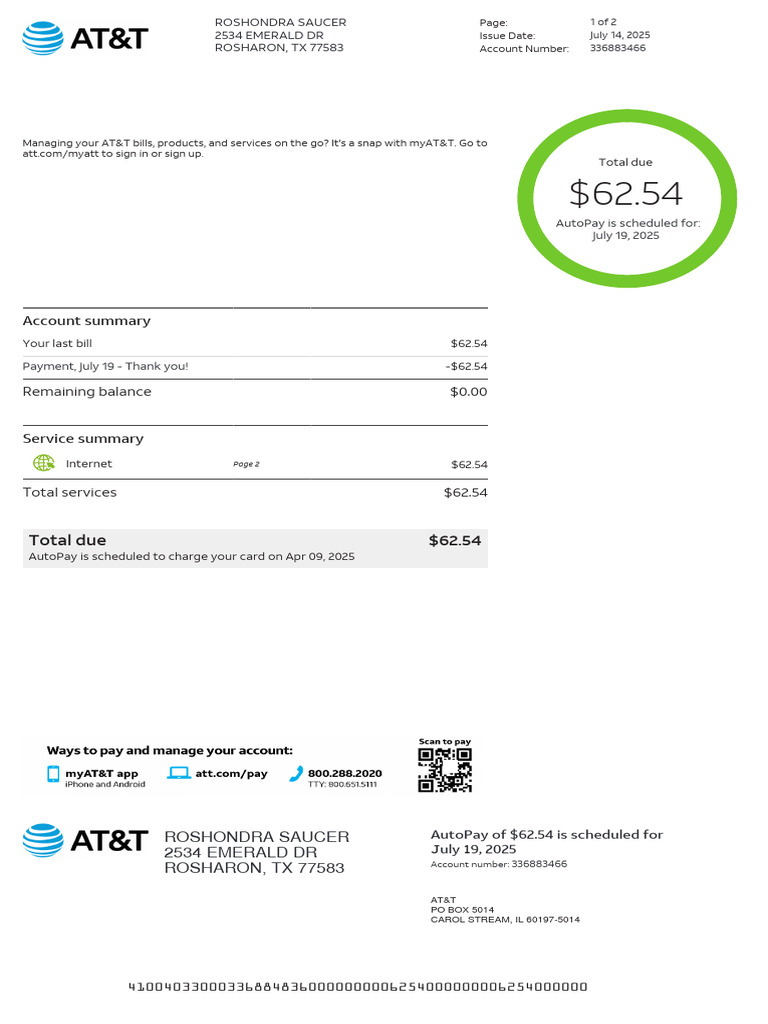 Total Due $62.54: Account Summary | PDF | Cheque | At&T Mobility