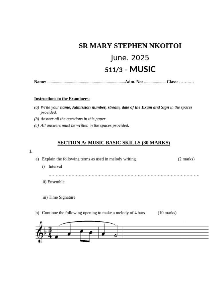 Music Exam Paper: Skills & History | PDF | Pitch (Music) | Musical ...