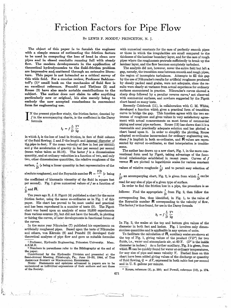 Friction Factors For Pipe Flow - Moody - 1944 | PDF