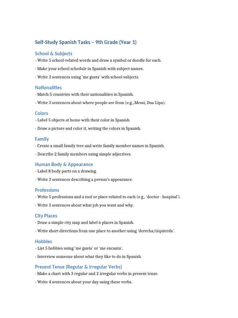 Self Study Spanish Tasks Grade9 | PDF