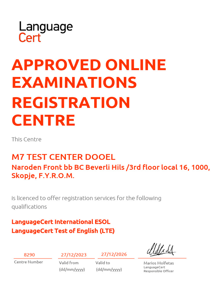 LanguageCert Exam Registration Centre | PDF