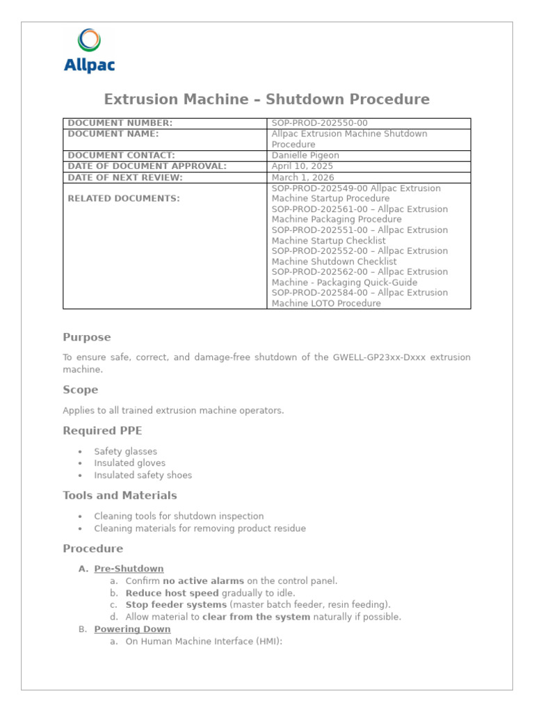 Extrusion Machine Shutdown Procedure | PDF | Extrusion | Mechanical ...