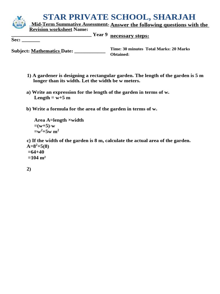 Year 9 Math Assessment Worksheet | PDF | Kilogram | Area