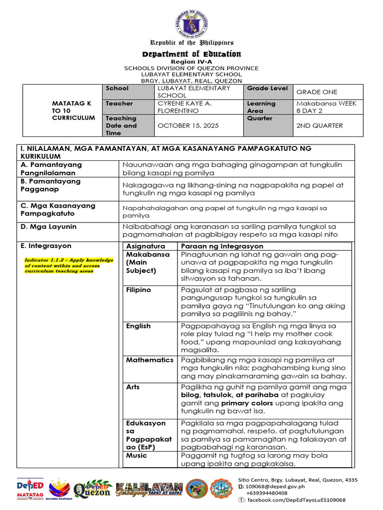 Lesson Plan - Makabansa W8 - Grade 1 | PDF