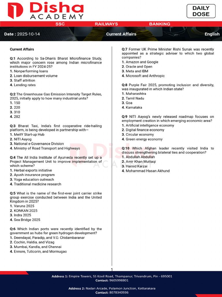 Current Affairs English 2025-10-14 Disha | PDF
