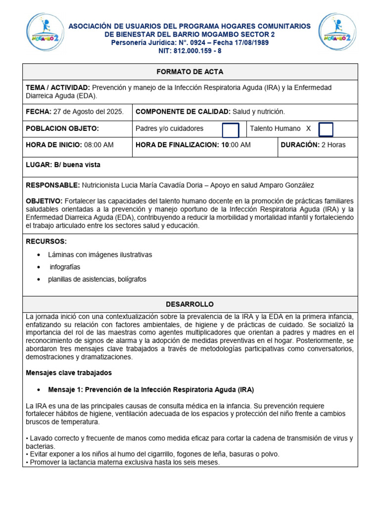 Acta - Formacion - Th-Ira y Eda - Agosto | PDF | Diarrea | Especialidades Medicas