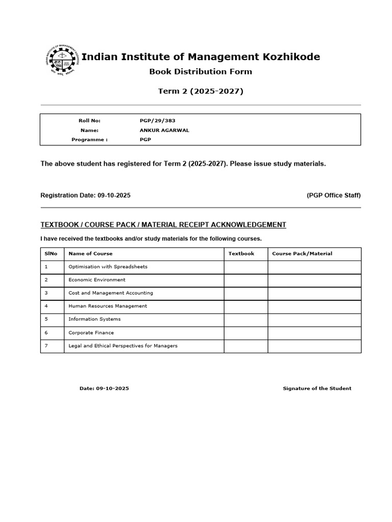 IIM Kozhikode Term 2 Book Distribution Form | PDF