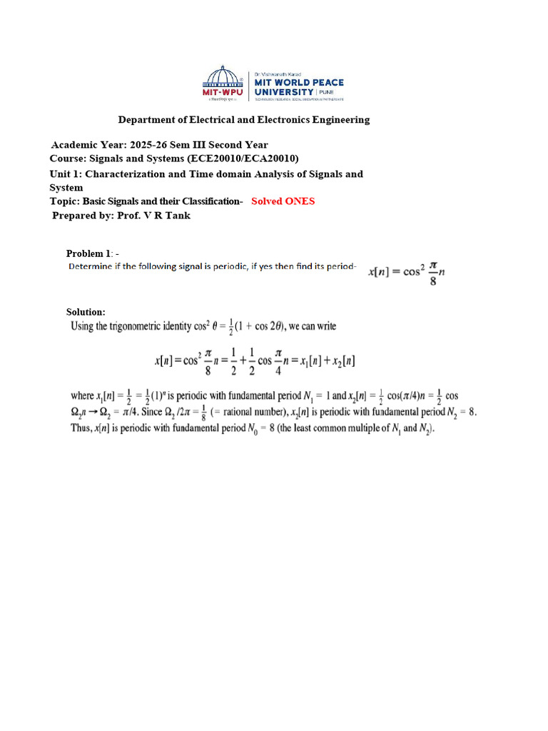 U1 Basic Signals Classification Solved Questions for Students | PDF
