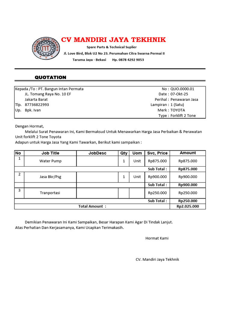 Penawaran Jasa Perbaikan Forklift Toyota | PDF