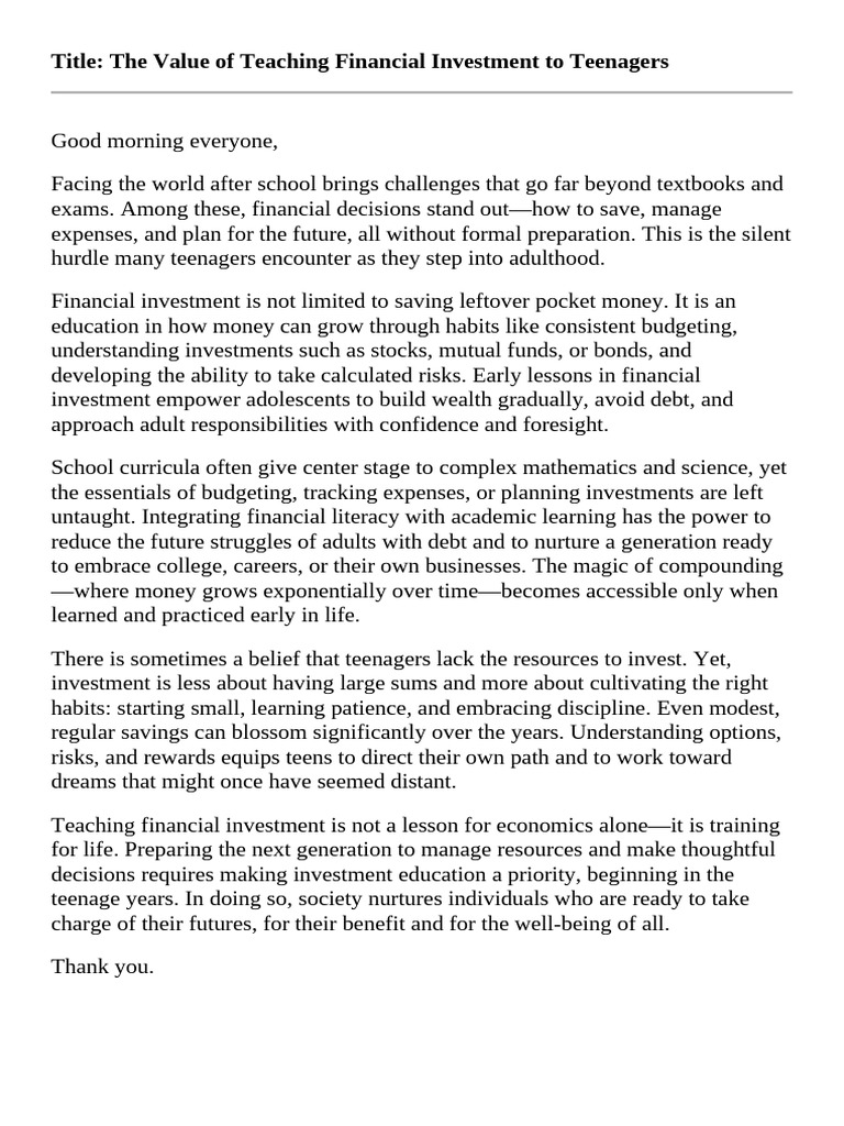 The Value of Teaching Financial Investment To Teenagers | PDF