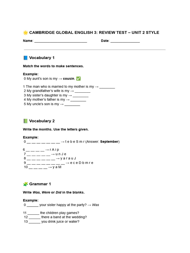 ? Cambridge Global English 3 - Review Test - Unit 2 Style | PDF