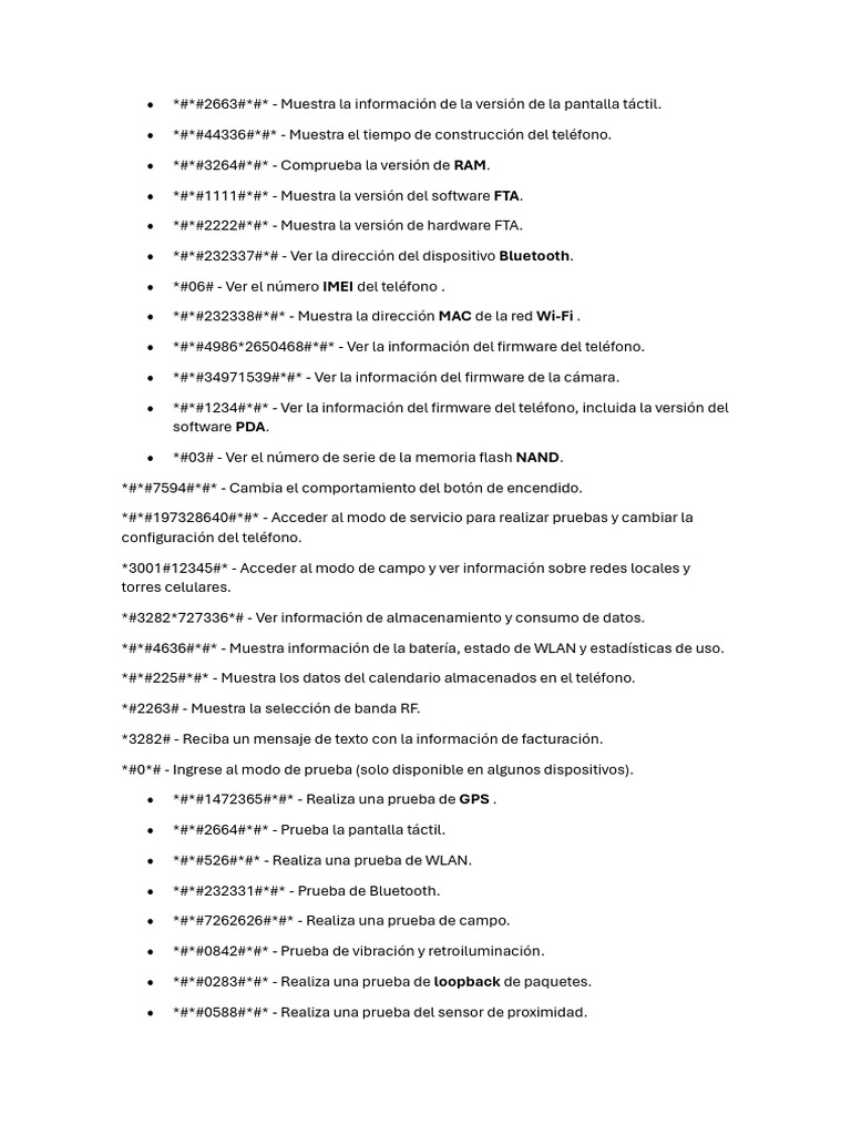 Códigos secretos para diagnóstico de teléfonos | PDF | Asistente ...