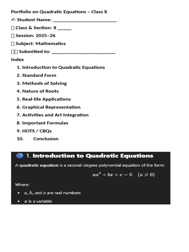 Class 10 Quadratic Equations Portfolio | PDF