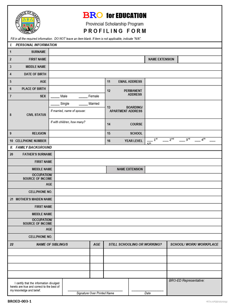 BRO Education Scholarship Profiling Form | PDF