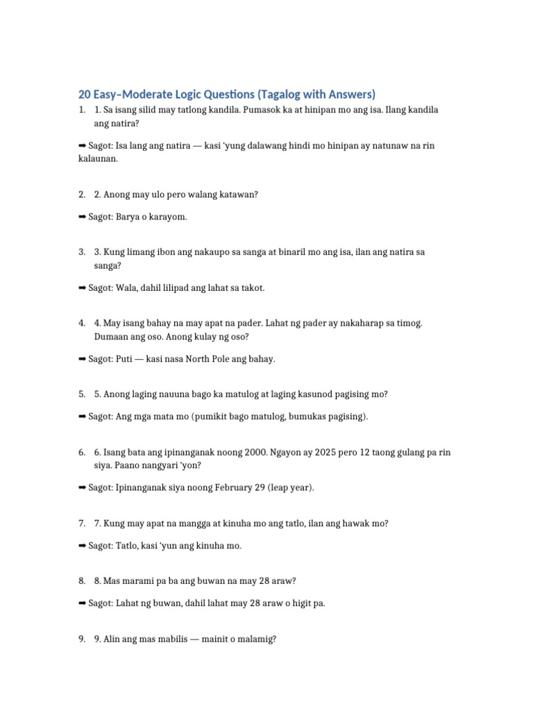 20 Easy-Moderate Logic Questions Tagalog | PDF
