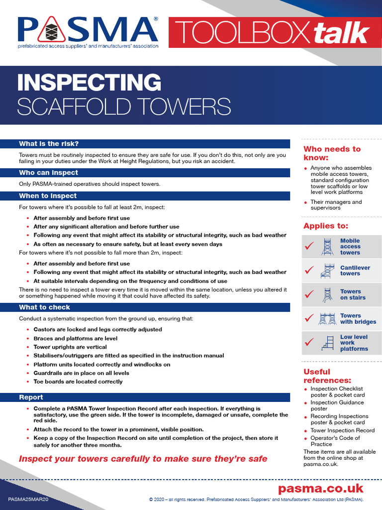 Inspecting Scaffold Towers Toolbox Talk | PDF | Scaffolding ...