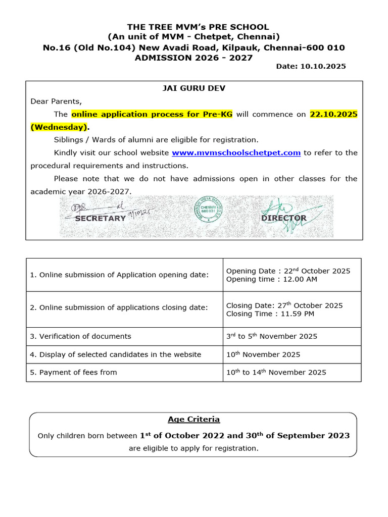 The Tree Mvm's Pre School Admission Circular 2026-2027 | PDF
