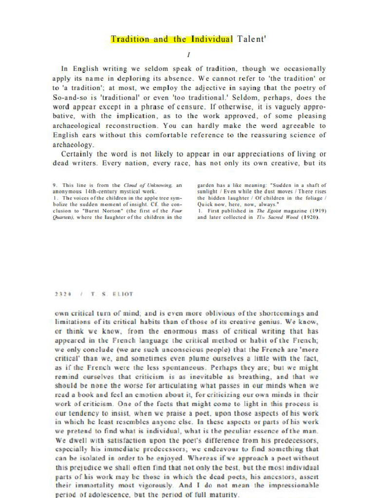 Tradition and The Individual Talent | PDF