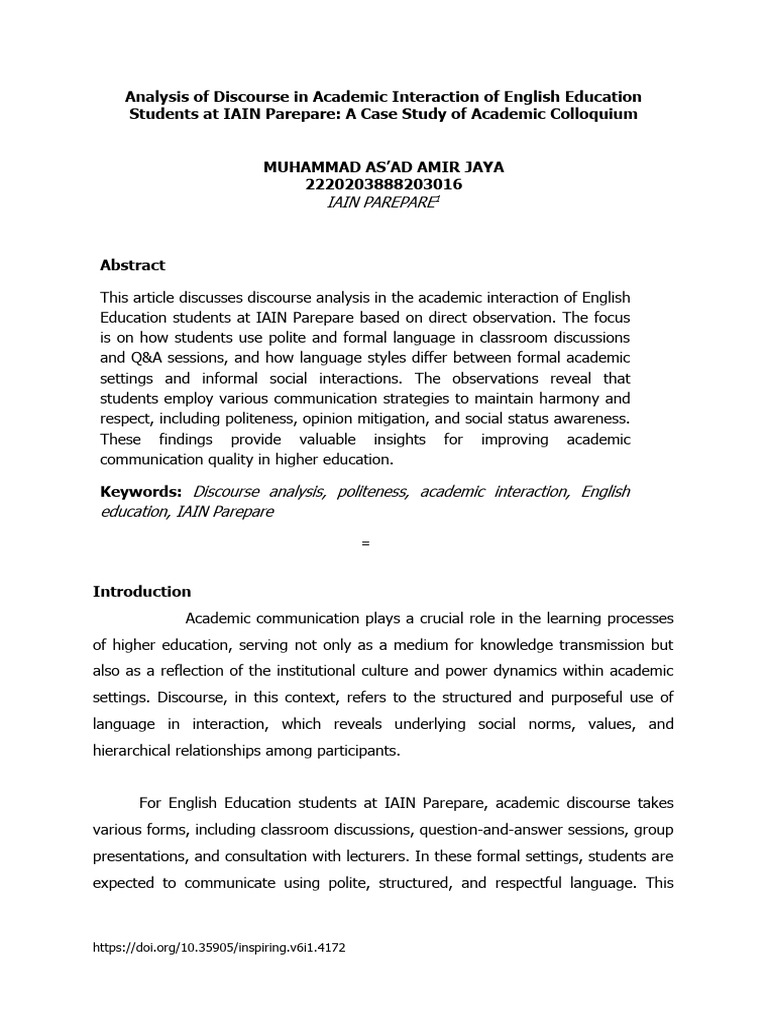 Discourse Analysis in English Education | PDF | Communication | Discourse