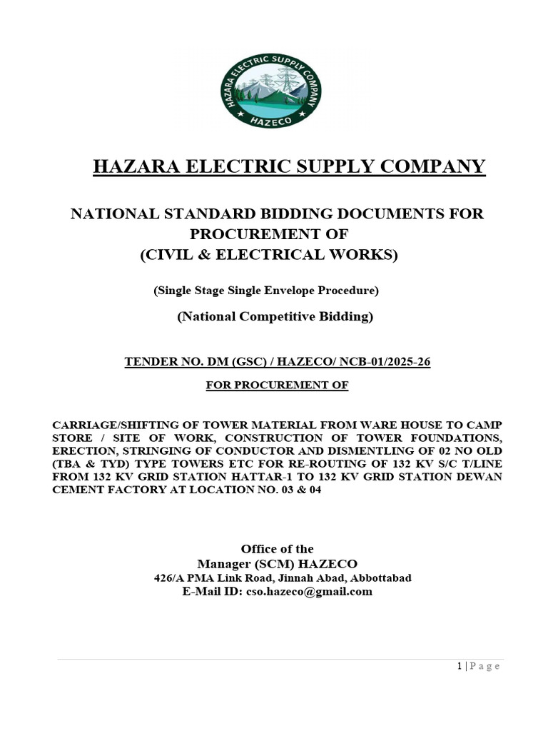 Hazara Electric Supply Company: National Standard Bidding Documents For ...