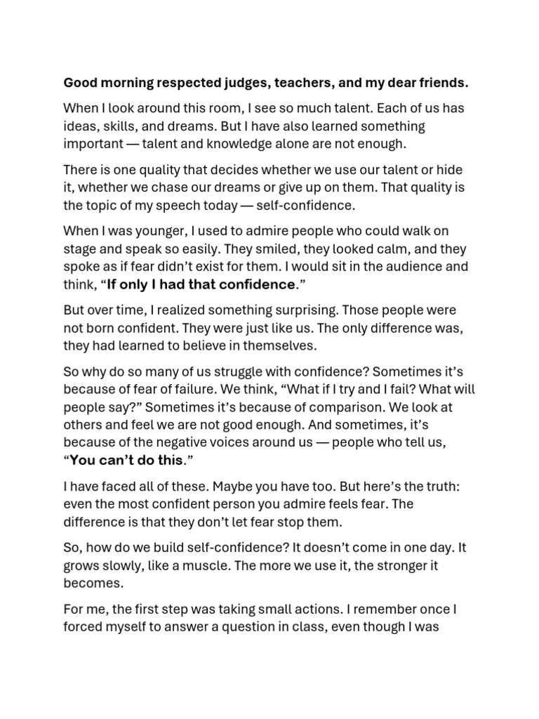 Self Confidence Speech | PDF | Fear