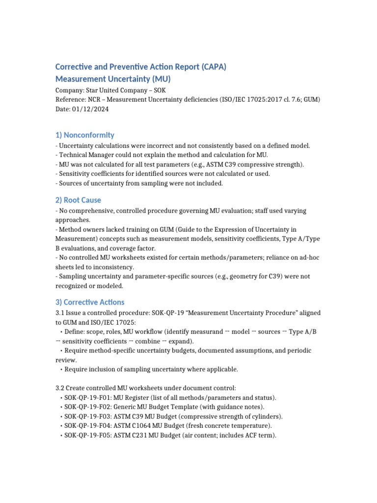 CAPA Report: Measurement Uncertainty Issues | PDF | Uncertainty ...