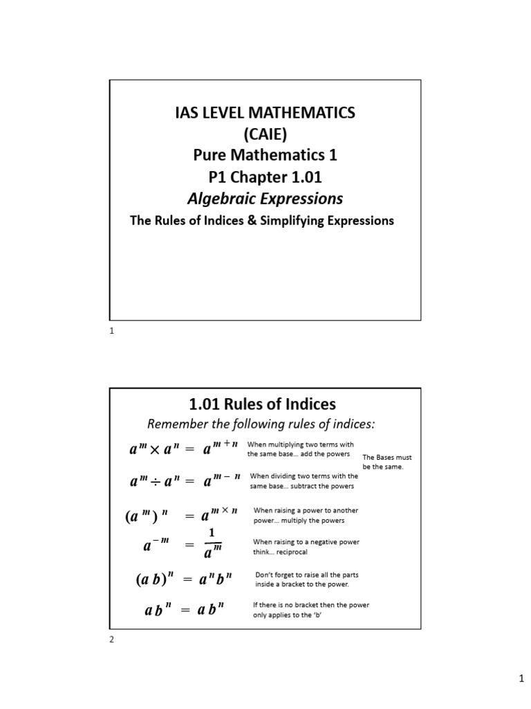 P1 (CAIE) CHAPTER 1.01 Review of Basics - Indices | PDF | Mathematics ...