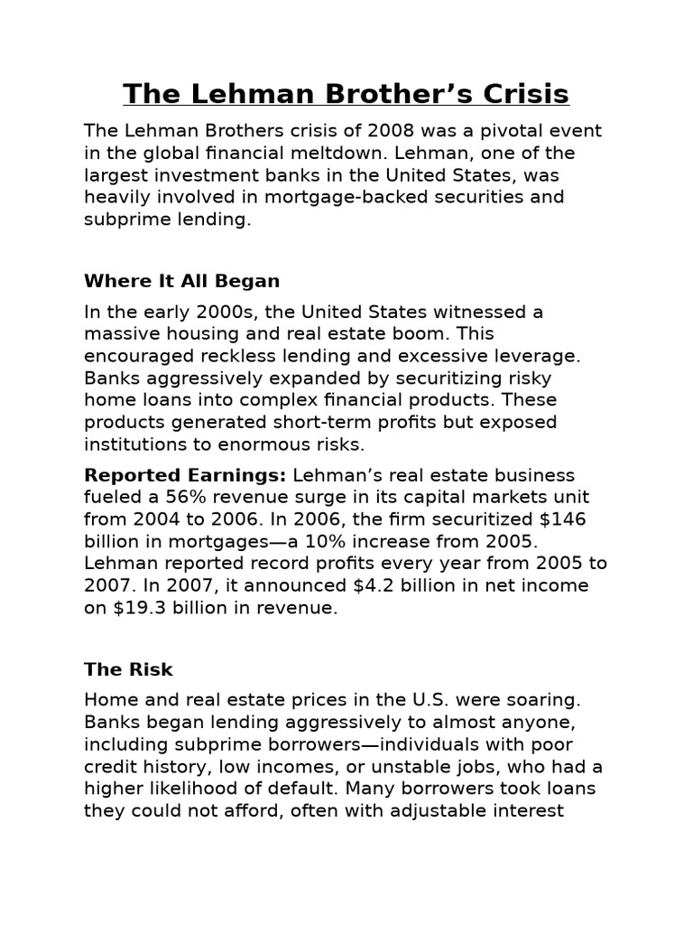 Lehman Brothers Crisis Explained | PDF | Mortgage Backed Security | Loans