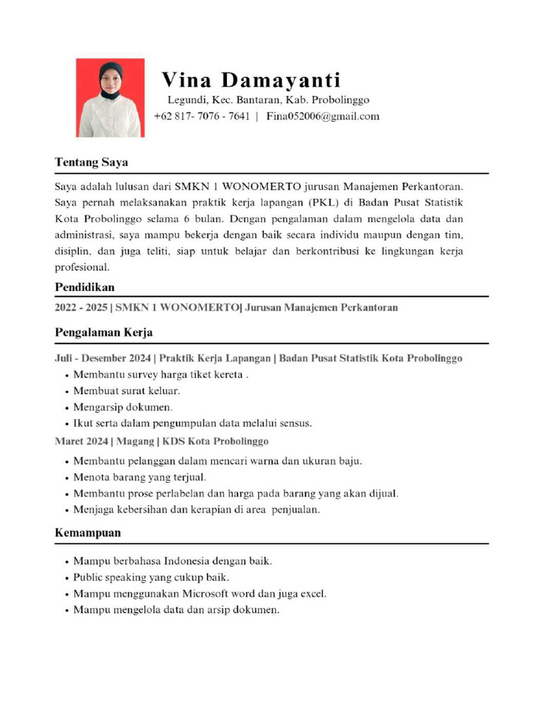 CV - Vina Damayanti | PDF