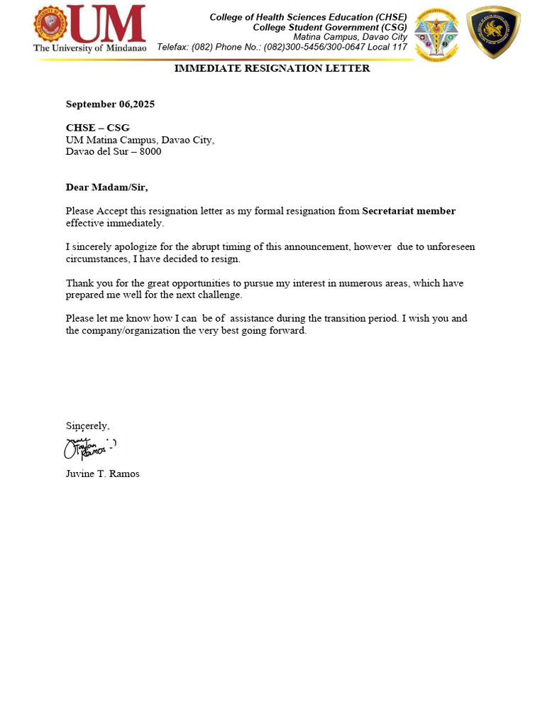 Immediate Resignation Letter - Ramos, Juvine T | PDF