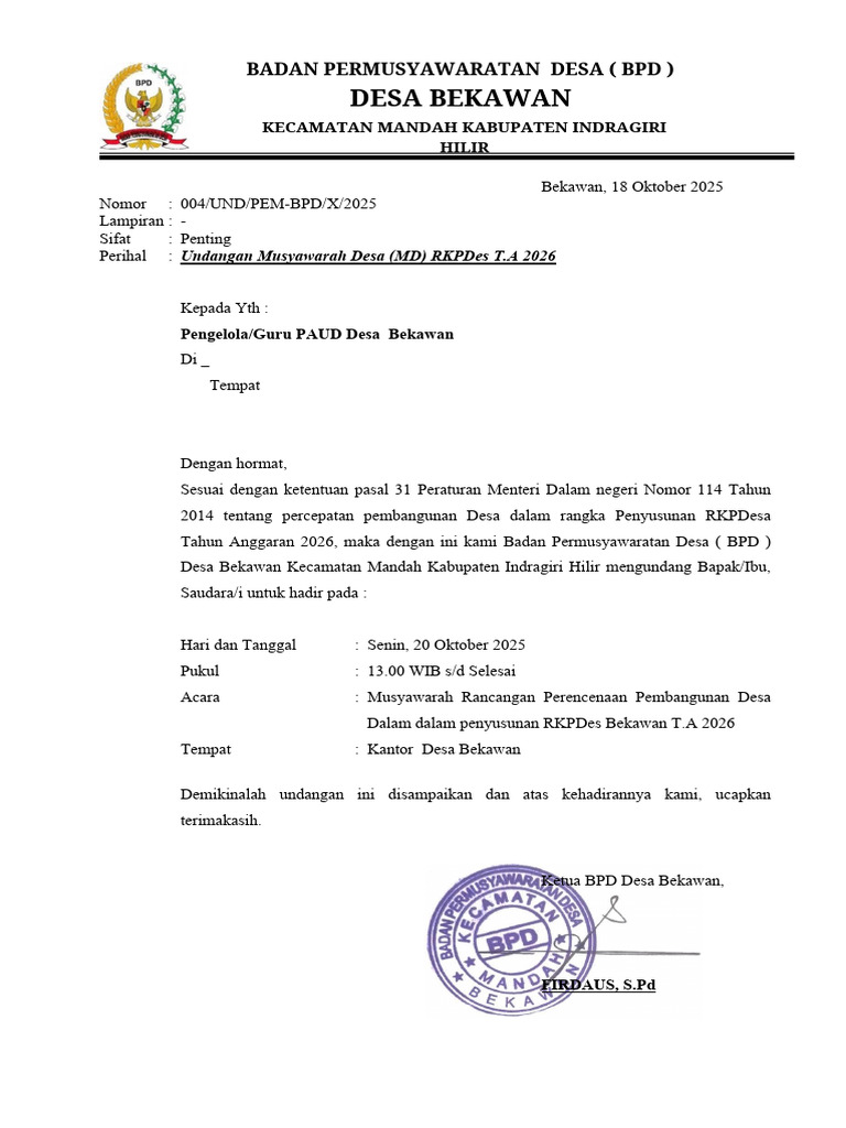 Undangan Musyawarah RKPDes 2026 Bekawan | PDF