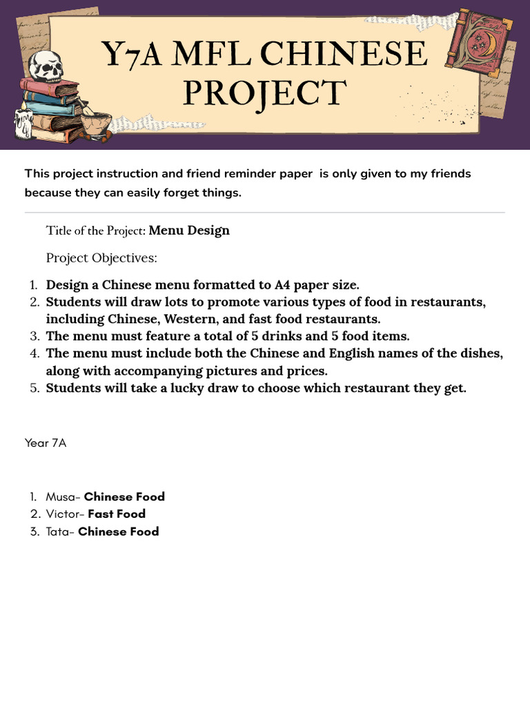 Year 7A Chinese Menu Project Guide | PDF