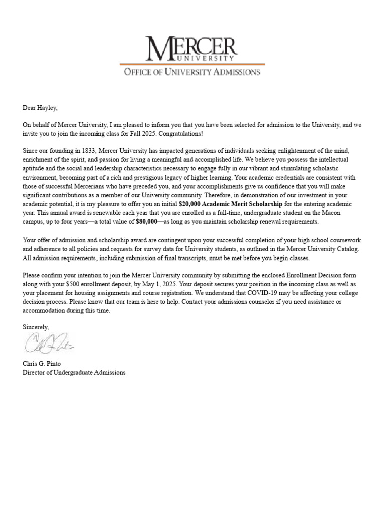 Info Mercer Acceptance Letter Hayley Adin | PDF